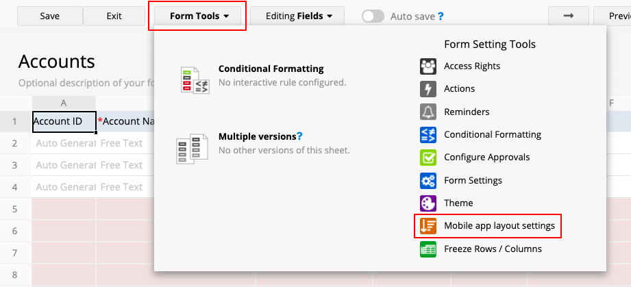 Mobile app layout settings